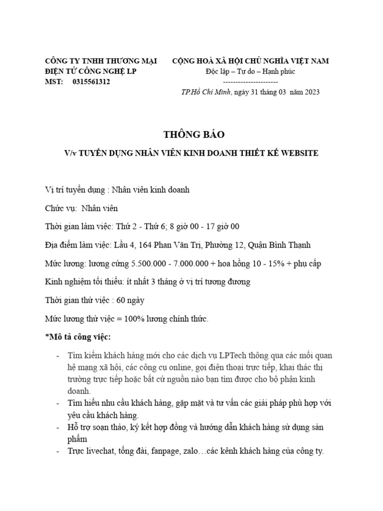 LPTECH JD Nhân Viên Kinh Doanh | PDF