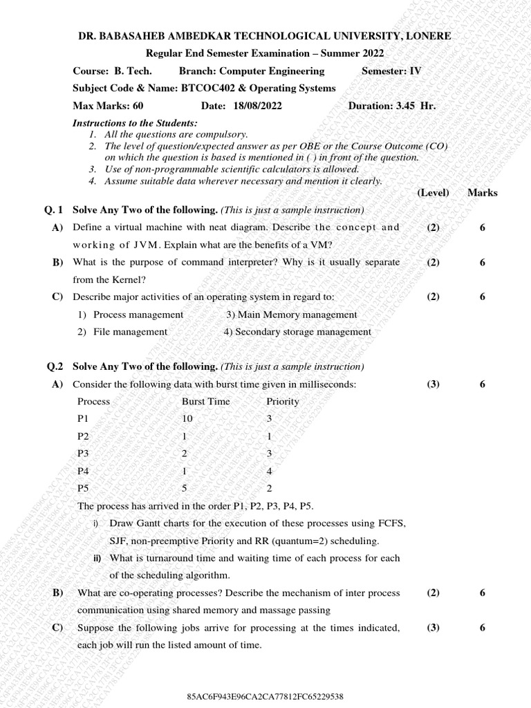 Btech Cs 4 Sem Operating Systems Btcoc402 Aug 2022 (1) DBATu | PDF ...
