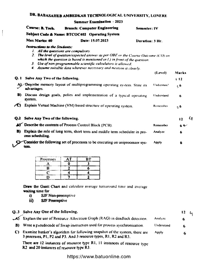 Btech Comp 4 Sem Operating System Btcoc402 Jul 2023 (1) DBATu | PDF