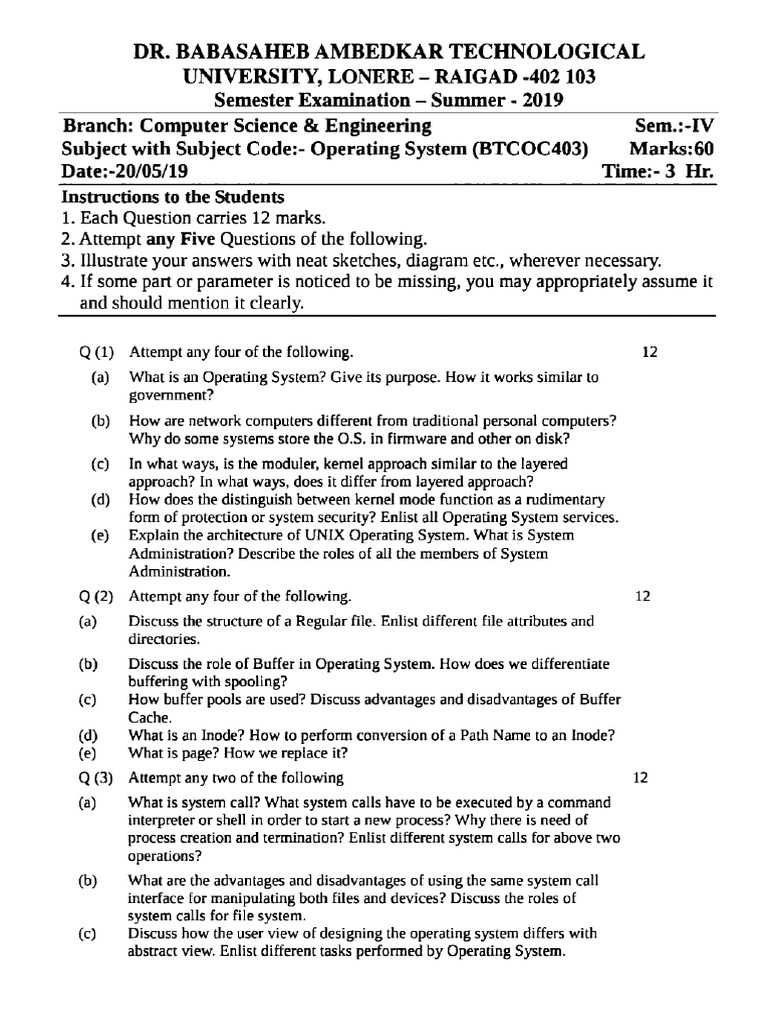 Btech Cs 4 Sem Operating System Btcoc403 May 2019 (1) DBATu | PDF | Operating System ...