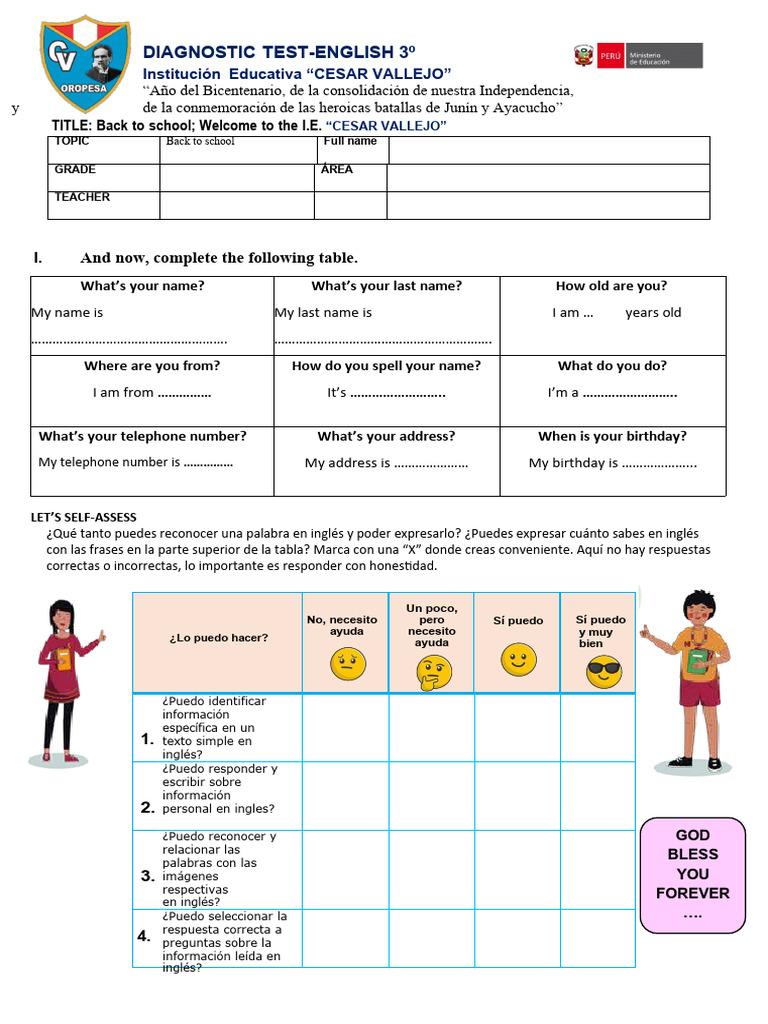 INGLES 3° Evaluación diagnóstica | PDF