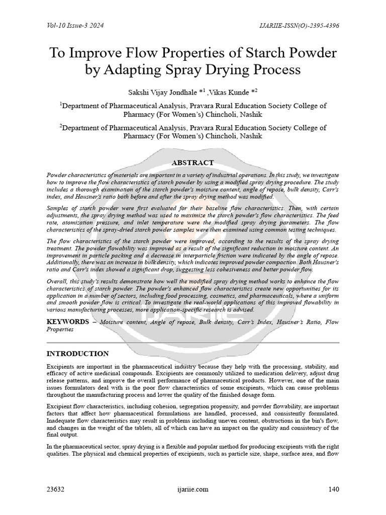 To Improve Flow Properties of Starch Powder by Adapting Spray Drying ...