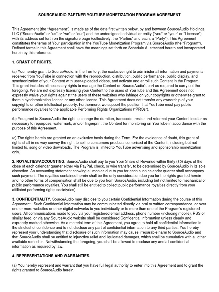 SourceAudio YouTube Monetization Agreement | PDF | You Tube | License