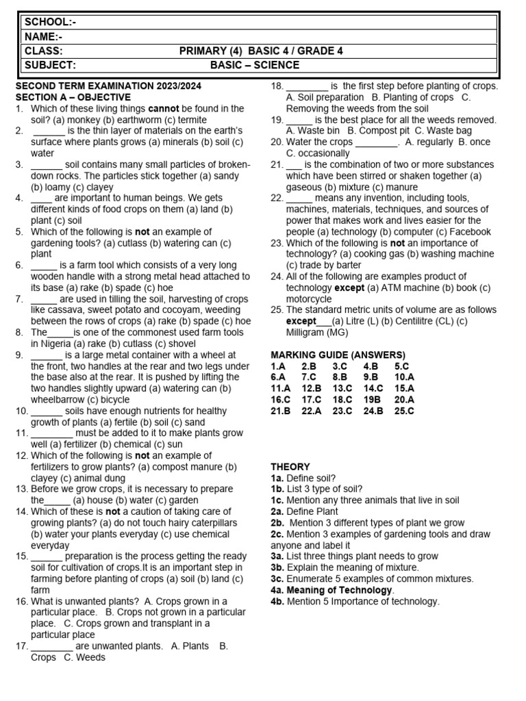 Basic Science Pry 4 2nd T-Examss | PDF | Soil | Manure