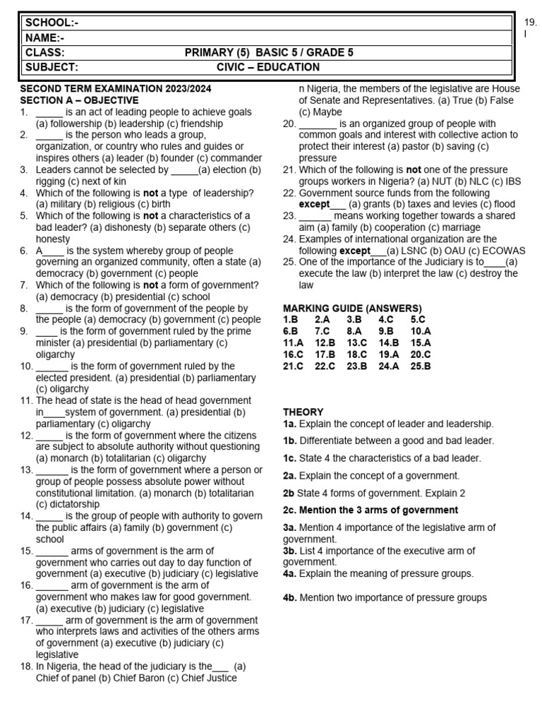 Primary 5 Civic Education Exam 2023 | PDF | Government | Democracy
