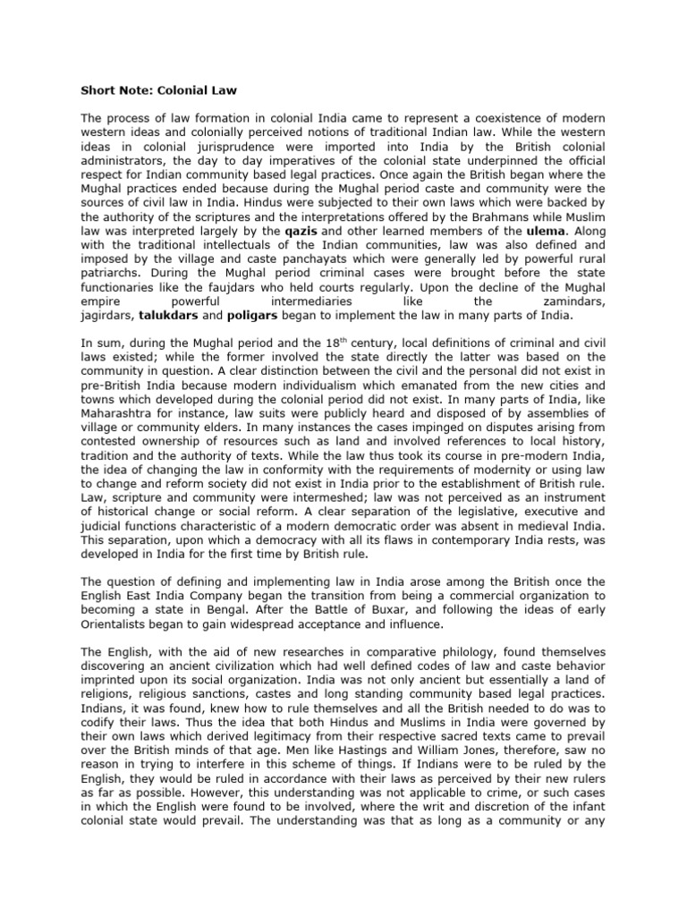 Short Note Colonial Law | Download Free PDF | British Raj | British Empire