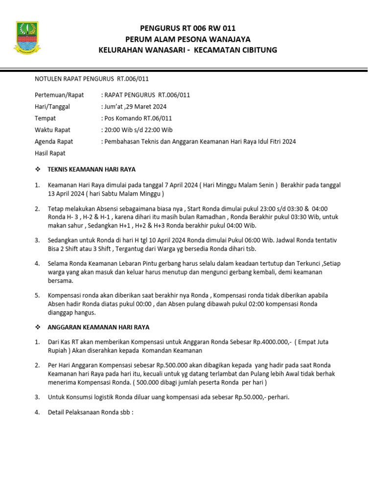 Notulen Rapat Pengurus Keamanan Hari Raya Idul Fitri 2024 | PDF | Griya ...