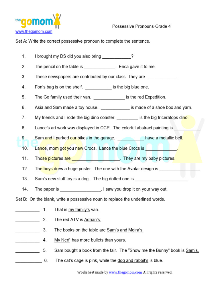 Possessive Pronouns-Grade 4 | PDF | Language Mechanics | Linguistic ...
