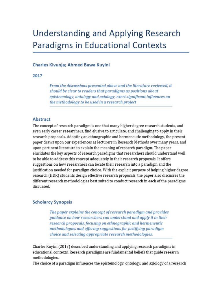 Understanding and Applying Research Paradigms in Educational Contexts ...