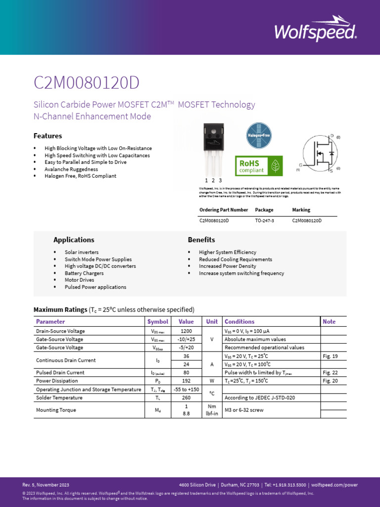 Wolfspeed C2M0080120D Data Sheet | PDF | Mosfet | Field Effect Transistor