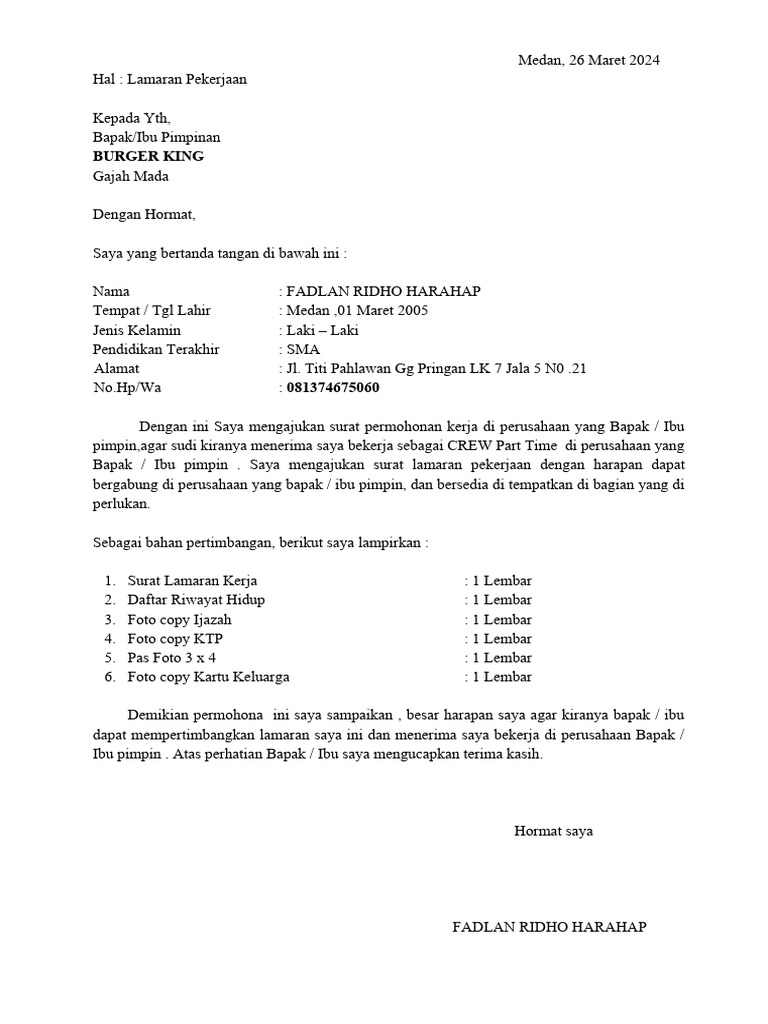Surat Lamaran Kerja FADLAN RIDHO HARAHAP | PDF | Karier & Perkembangan
