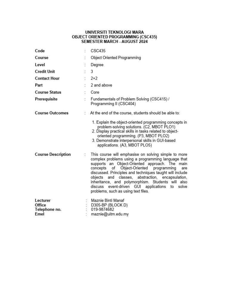 Scheme of Work CSC435 Mac-Ogos2024 | PDF | Method (Computer Programming) | Class (Computer ...