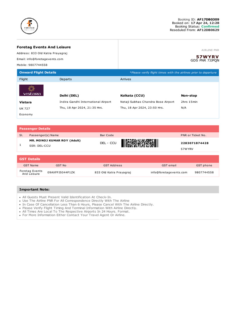 Del-Ccu Rescheduled Ticket | PDF | Civil Aviation | Transport