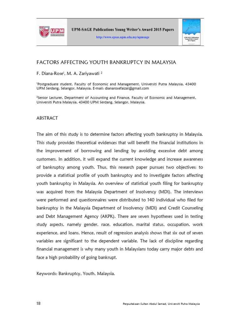 Factor Affecting Youth Bankruptcy in Malaysia | PDF | Coefficient Of ...