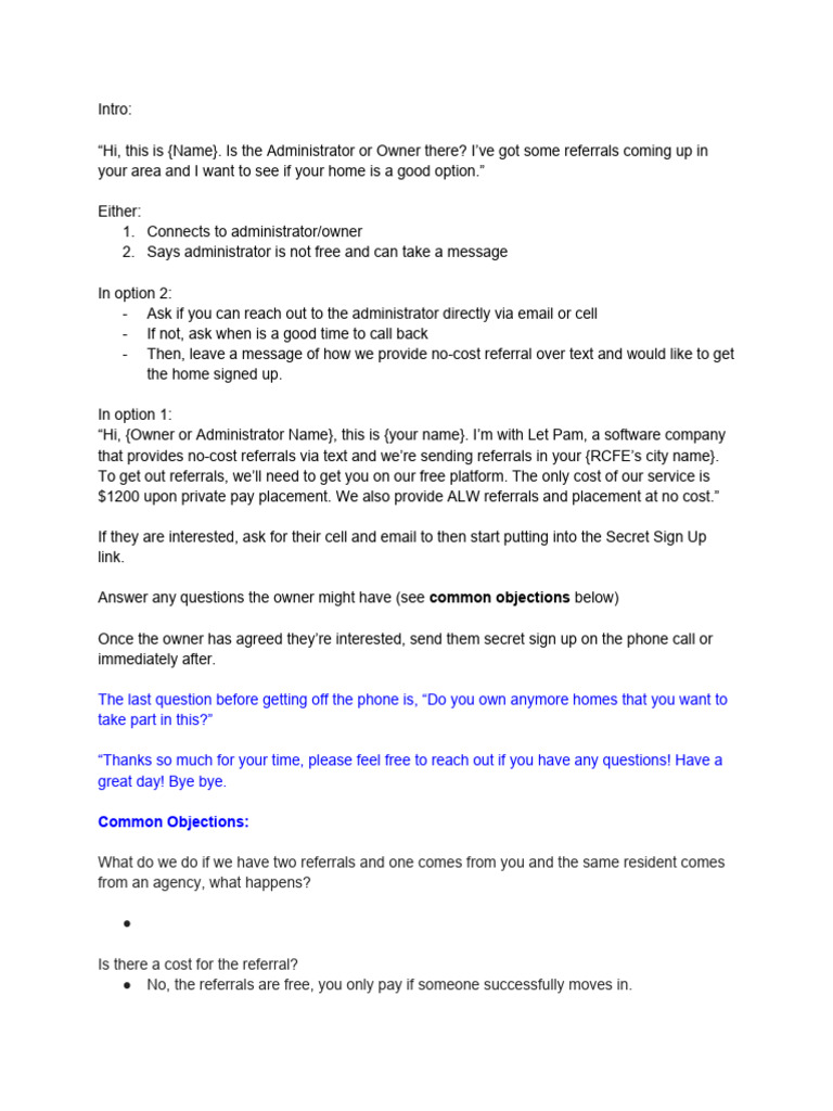 LetPam RCFE Sales Script | PDF