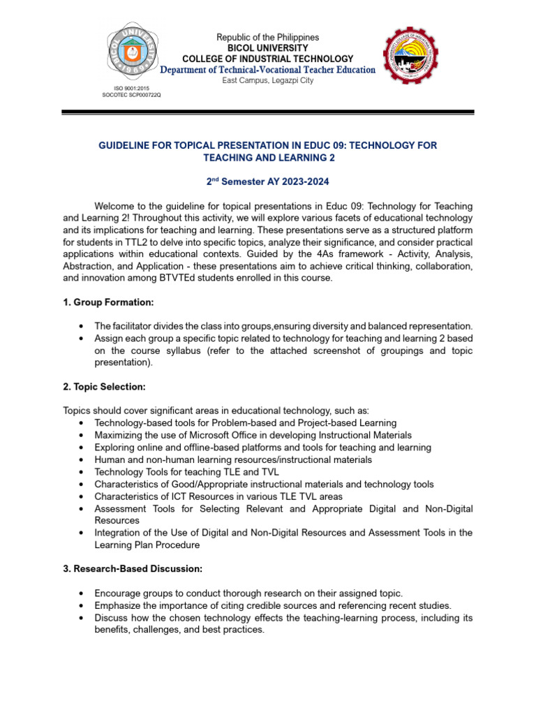 Guideline For Topical Presentation in Educ 09 | PDF | Lesson Plan | Educational Assessment