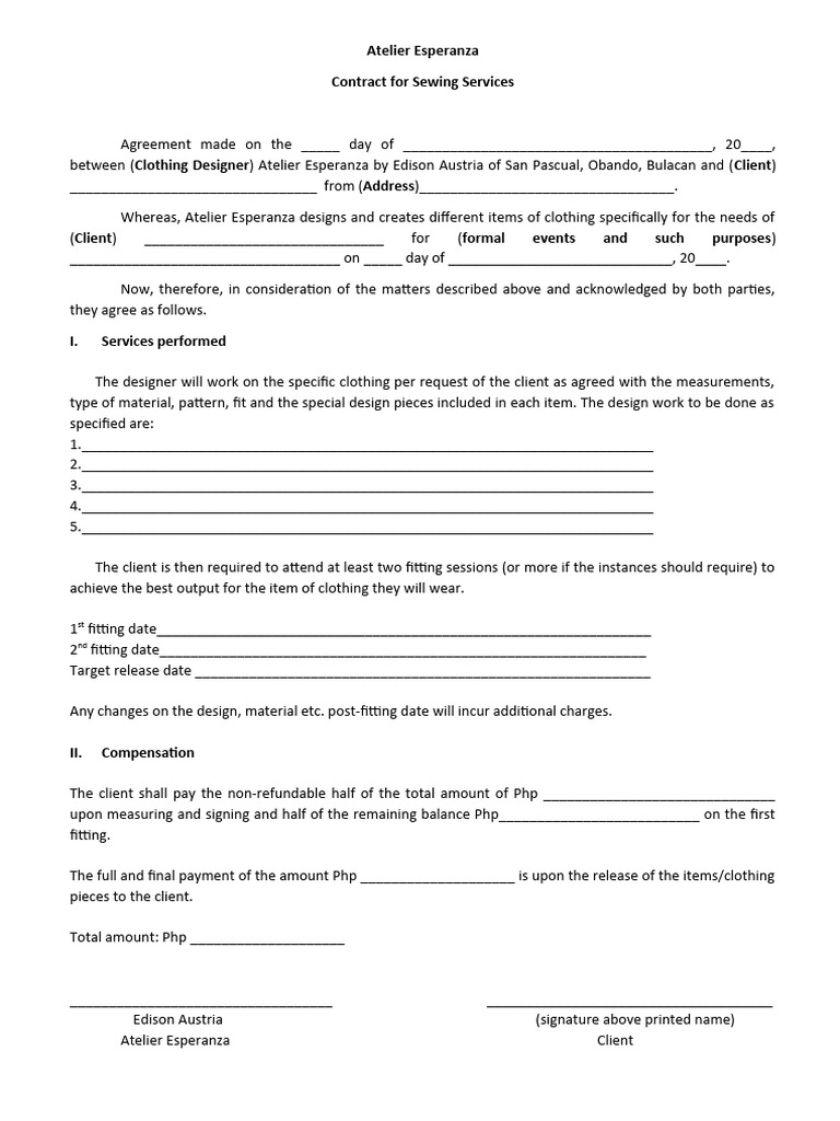 Contract for Sewing Services | PDF