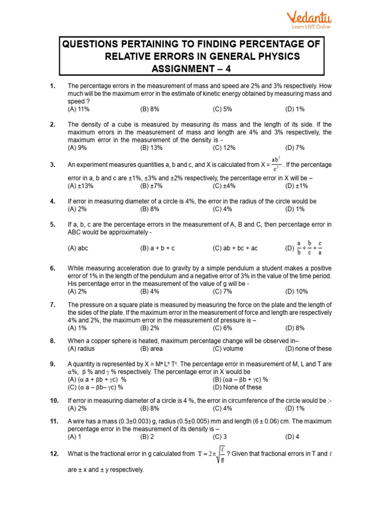 Percentage Errors in Physics Measurements | PDF | Measurement | Mass