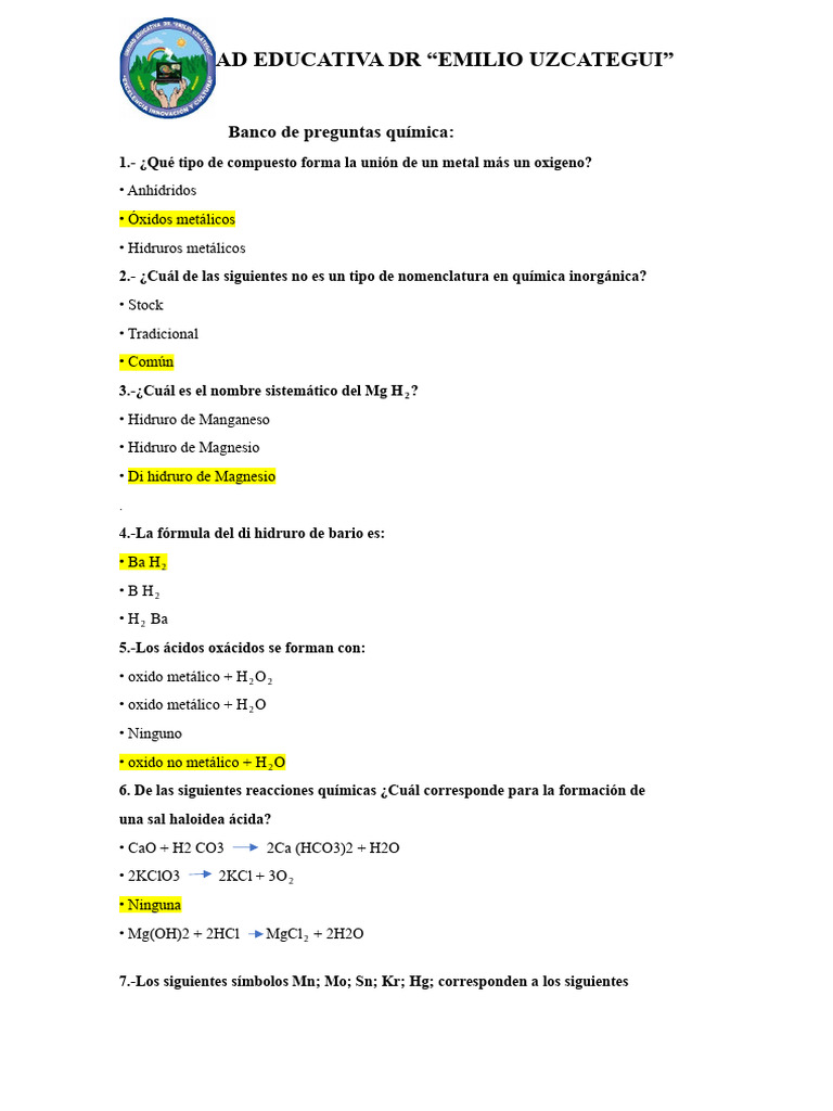 Banco de Preguntas Química Con Respuestas | PDF | Sal (química) | Química