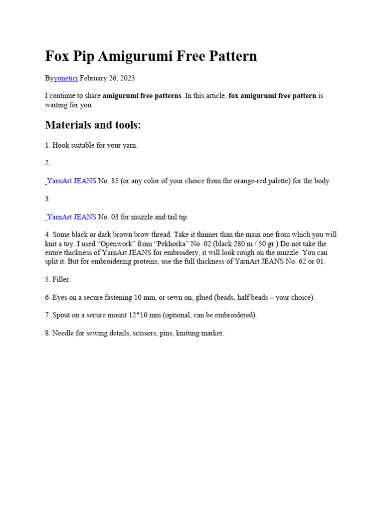 Fox Pip Amigurumi Free Pattern | PDF | Knitting | Embroidery