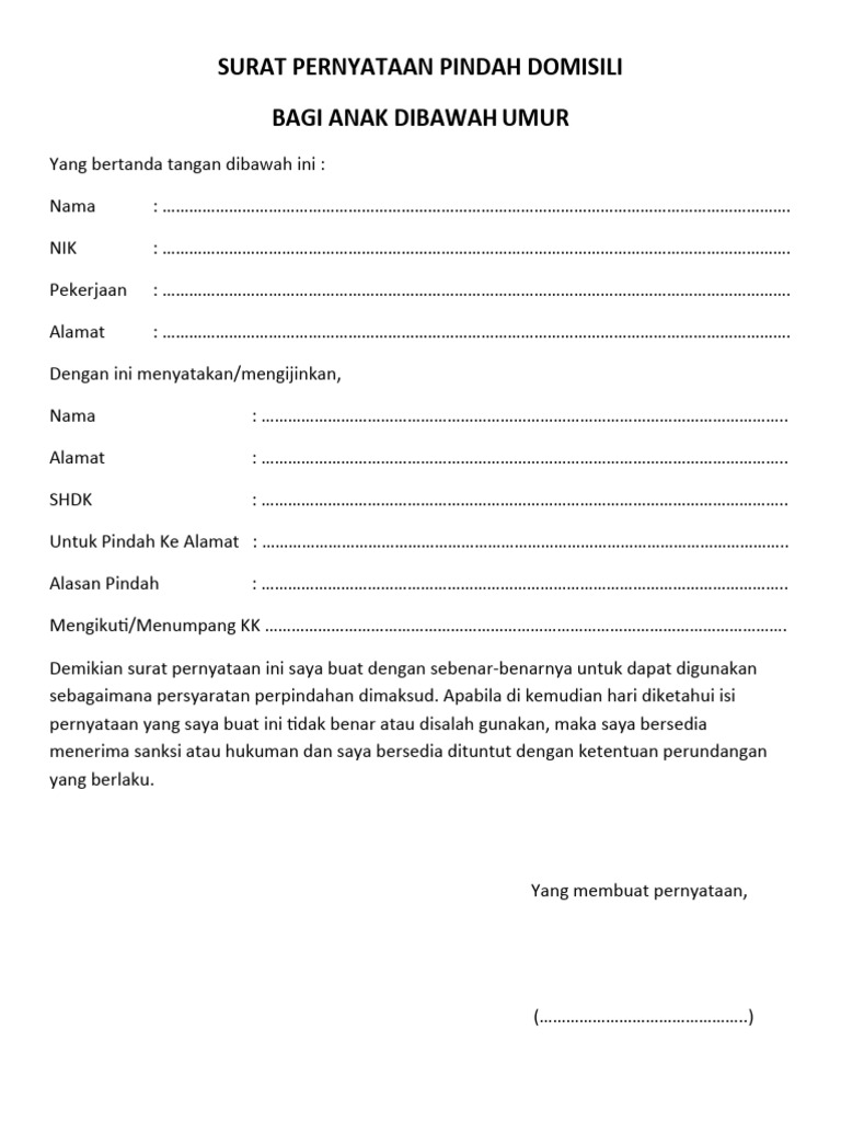 Surat Pernyataan Pindah Domisili Anak | PDF | Griya & Taman