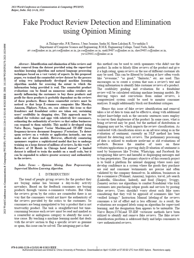 Fake Product Review Detection and Elimination Using Opinion Mining ...