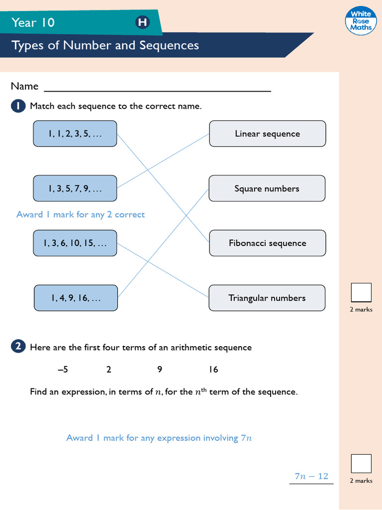 WRM Y10 Summer b3 Types Numbers and Sequences Higher Assessment Answers A | PDF | Sequence ...