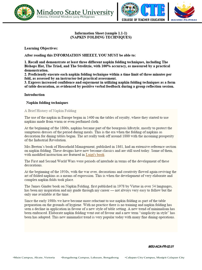 TEMPLATE-CBLM-INFORMATION-SHEET-TASK-SHEET-1 (AutoRecovered) | PDF | Restaurants | Origami