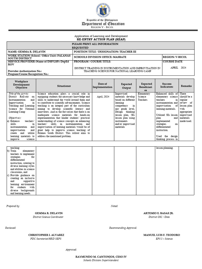 Action Plan Learning and Development PALANAS SOUTH | PDF | Teachers | Science