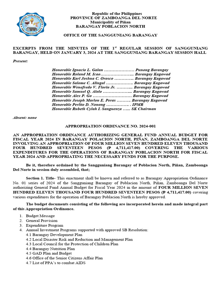 2024 001 Appropriation Ordinance | PDF | Taxes | Budget