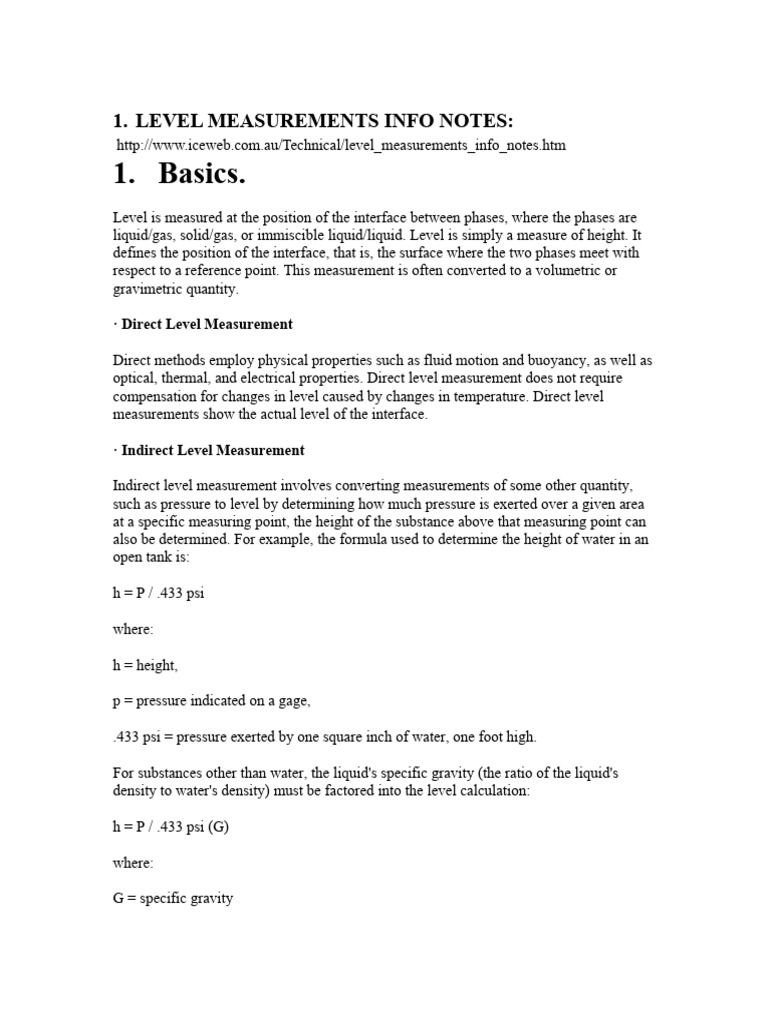 Level Measurements Info Notes | PDF | Density | Buoyancy