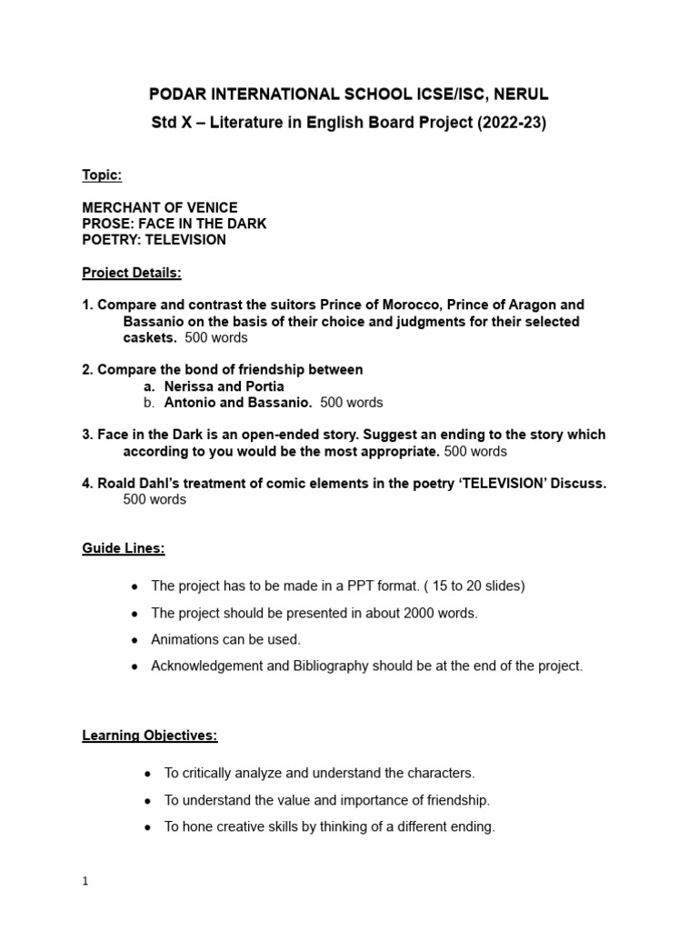 PODAR INTERNATIONAL SCHOOL ICSE ENGLISH LITERATURE PROJECT 2022-2023 | PDF