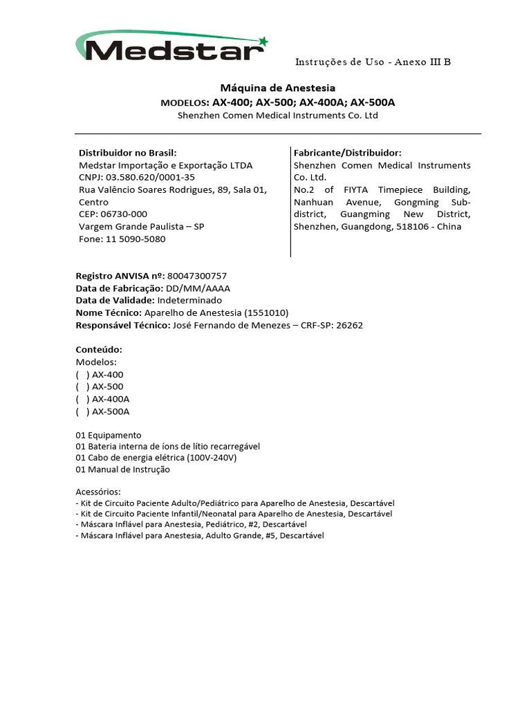 Anestesia Comen Ax-700 PDF | PDF | Válvula | Respiração