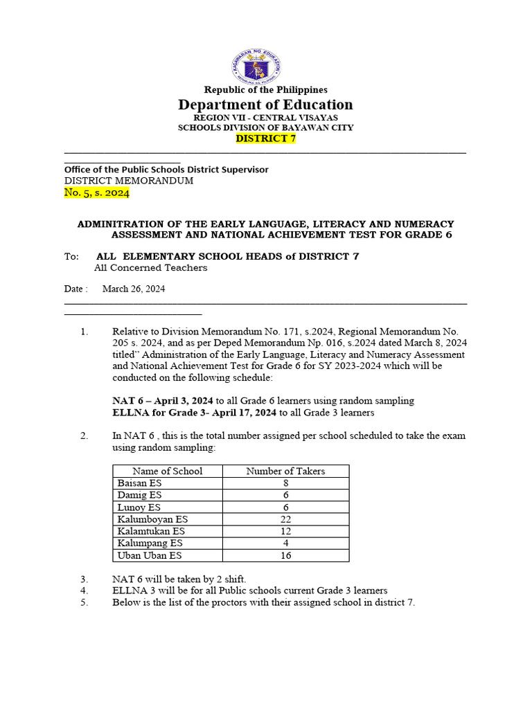 Memo For NAT 6 and ELLNA 3 | PDF | Tests | Reading (Process)