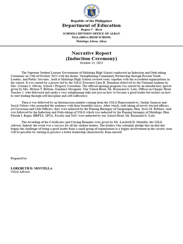 Narrative Report (Induction) | PDF