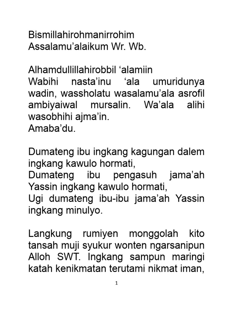 Bacaan Pembawa Acara Jama'ah Yasin Dan Bacaan Sholawat | PDF