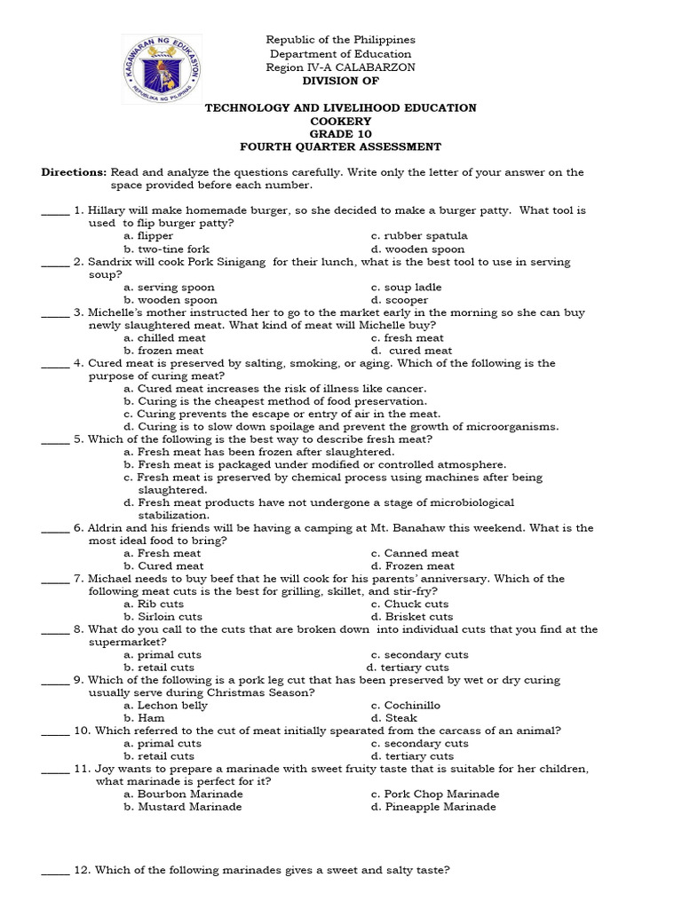 Cookery 10 Fourth Q Exam | PDF | Cooking | Marination