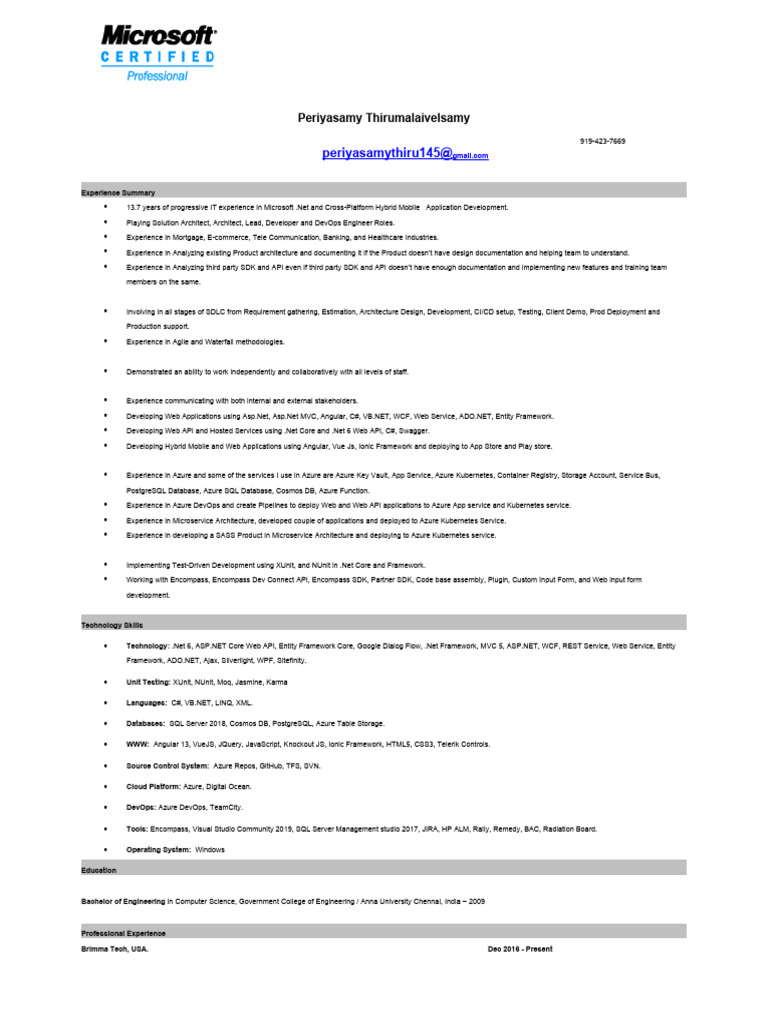Dice Resume CV Periyasamy Thirumalaivelsamy | PDF | Microsoft Azure | Entity Framework
