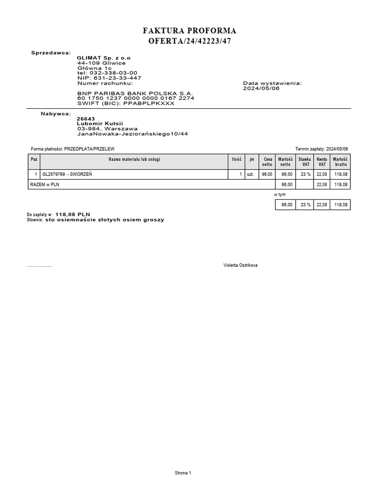 Faktura pro-forma OFERTA244222347 | PDF