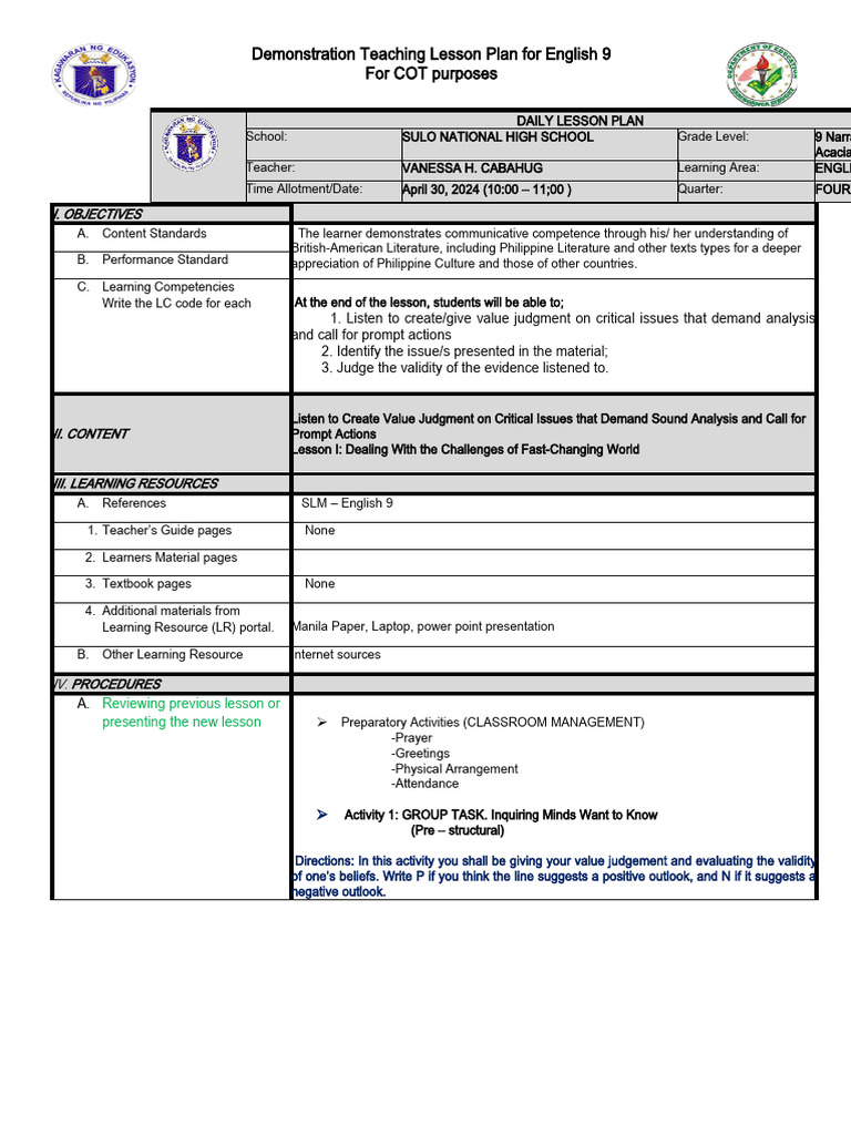 CO4 FOUTH QUARTER Grade 9 Narra SY 2023-2024 VHC 24 | PDF | Learning | Lesson Plan