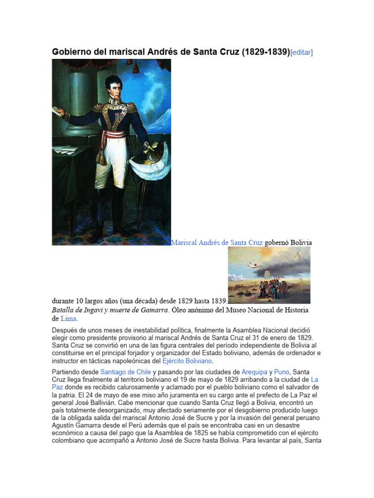 Gobierno Mariscal Andrés de Santa Cruz | PDF | Bolivia | América del Sur