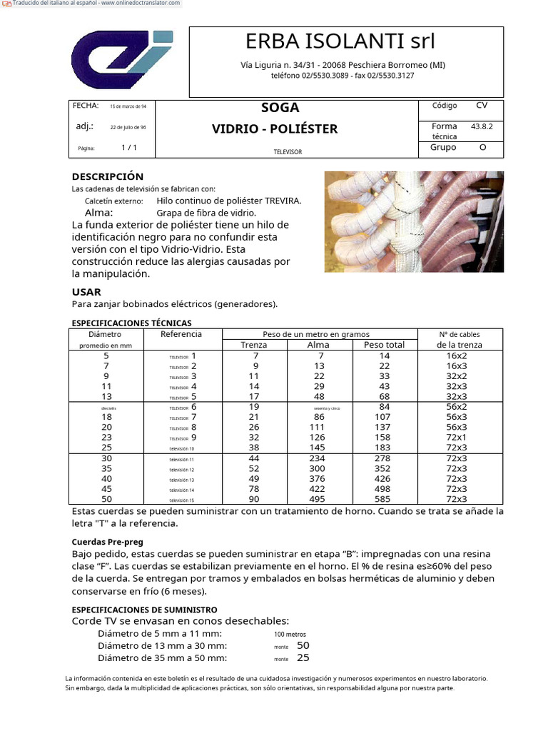 Ficha Técnica Soga Fibra de Vidrio CVT SPN | PDF