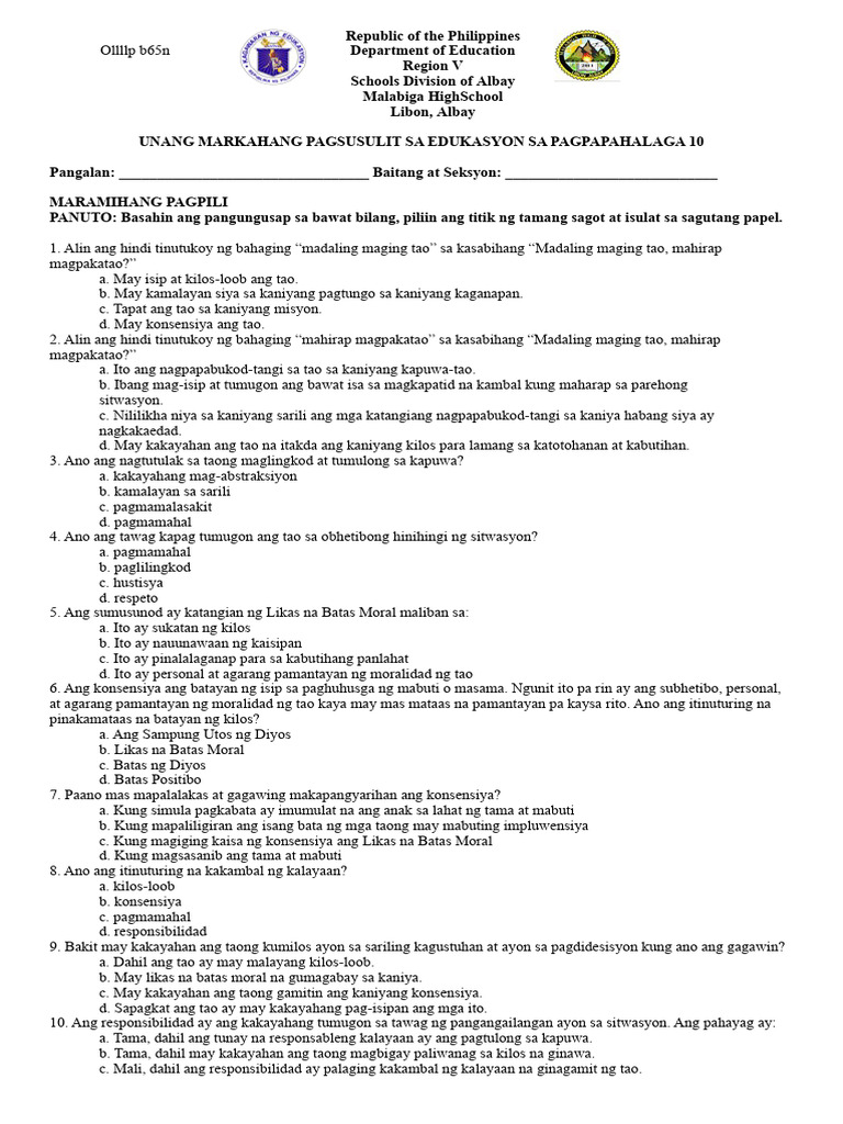 Unang Markahang Pagsusulit Sa Edukasyon Sa Pagpapahalaga 10 | PDF Unang Markahang Pagsusulit Sa Edukasyon Sa Pagpapahalaga 10 | PDF