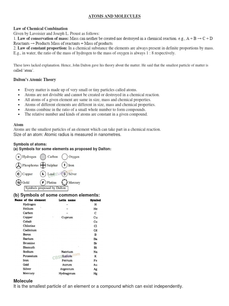 Atoms and Molecules Notes Class 9 | PDF | Ion | Chemistry