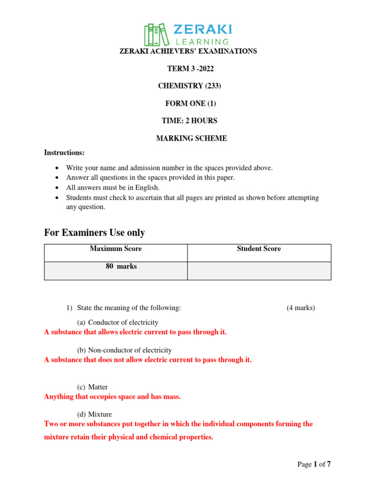 Chemistry - Chemistry Form 1 - Marking Scheme | Download Free PDF ...