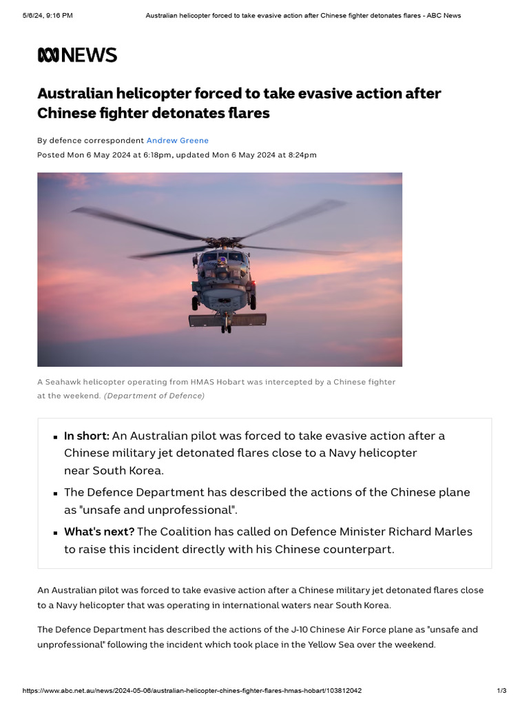 Australian Helicopter Forced To Take Evasive Action After Chinese ...