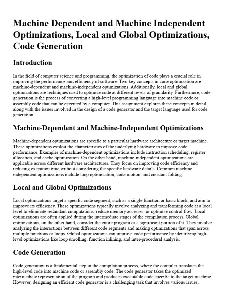 Machine Dependent and Machine Independent Optimizations, Local and Global Optimizations, Code ...