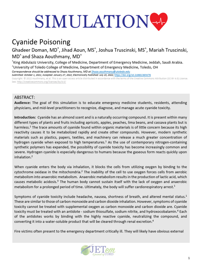 Cyanide Poisoning Pdf Medical Diagnosis Clinical Medicine