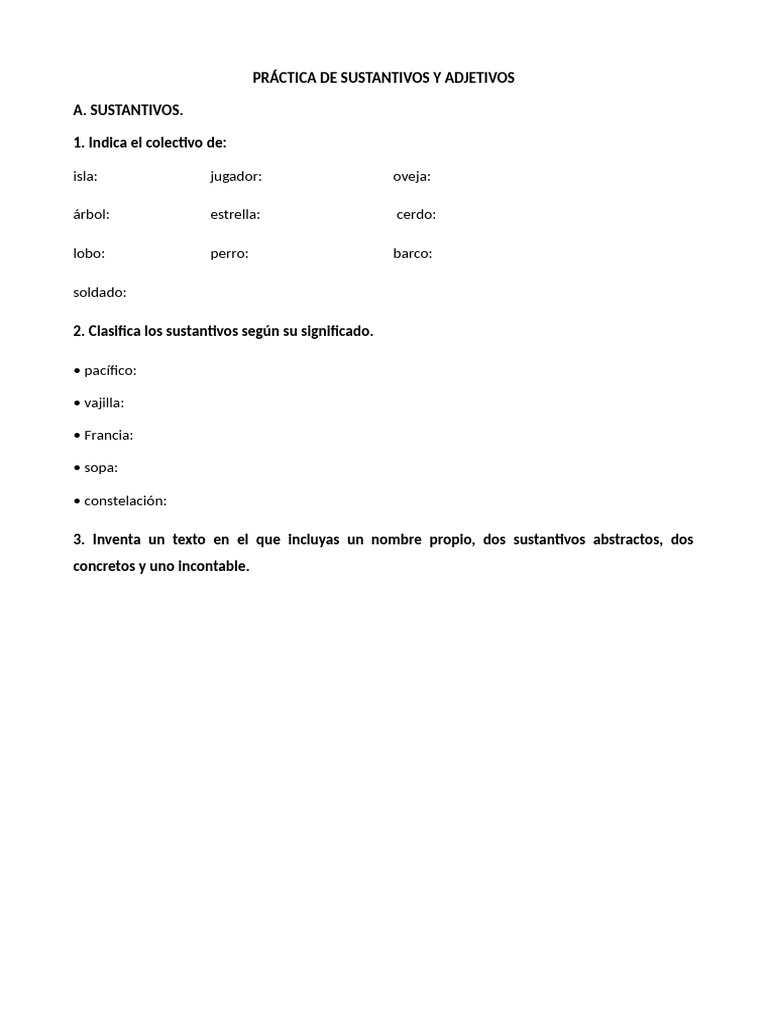 Ejercicios de Sustantivos y Adjetivos | PDF