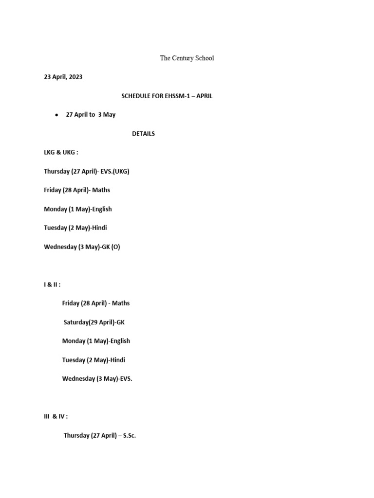 Ehssm 1 April Schedule | PDF | Science & Mathematics | Technology & Engineering